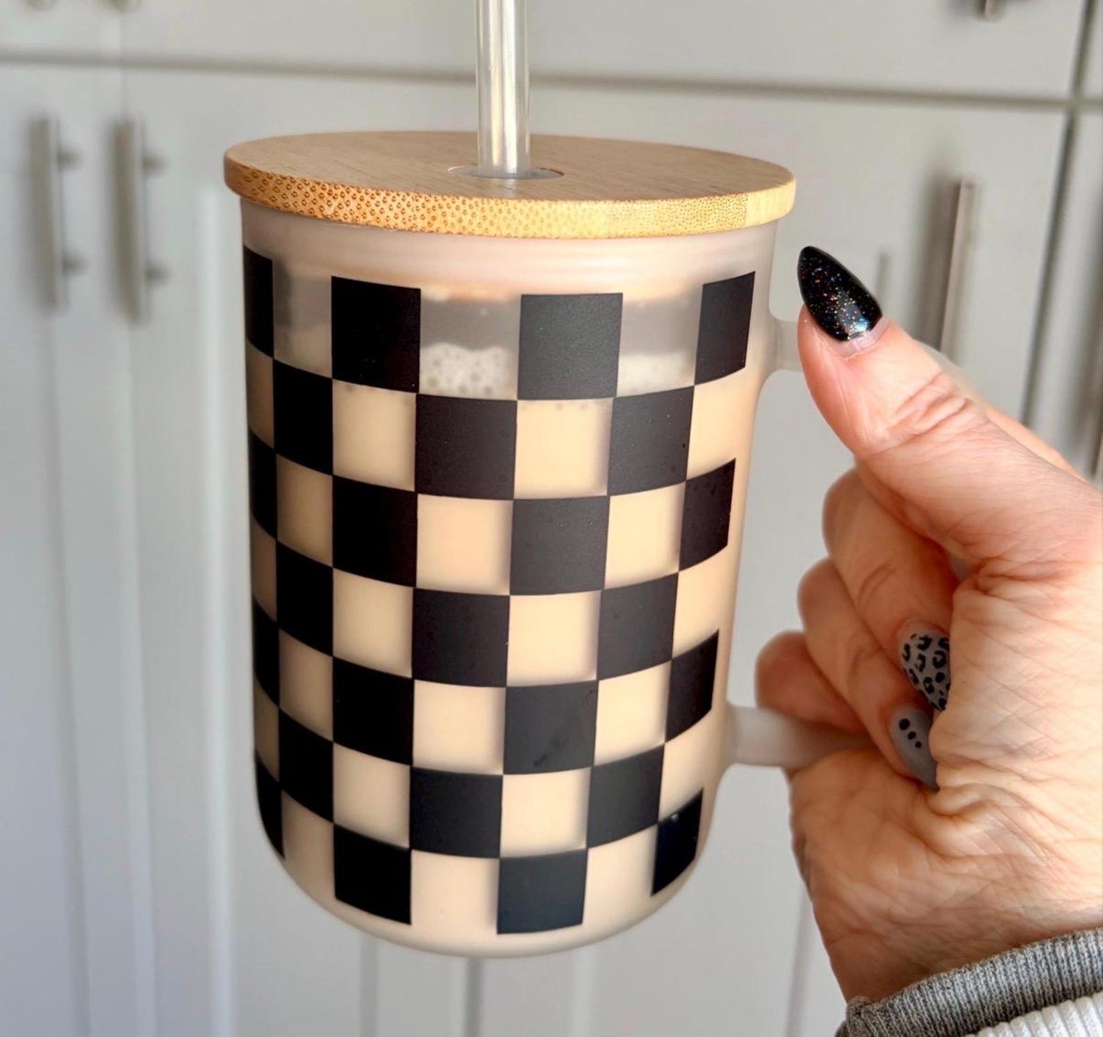 Checkered Glass Coffee Travel Mug Neutral Print Boho Checkered Cup ...