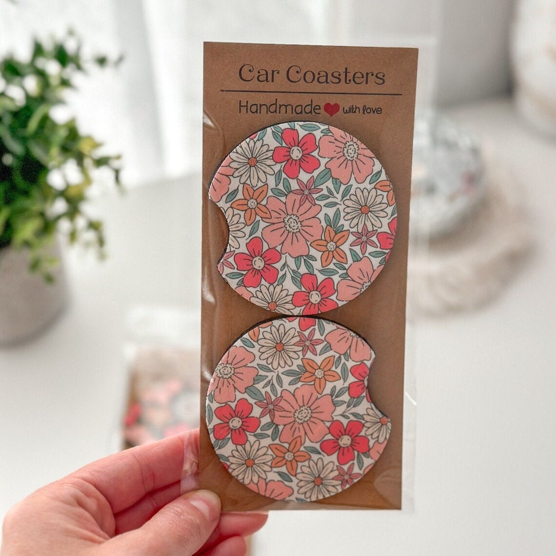 Floral Car Coasters Set of 2 Neutral Boho Checkered Cup Holder Coasters ...