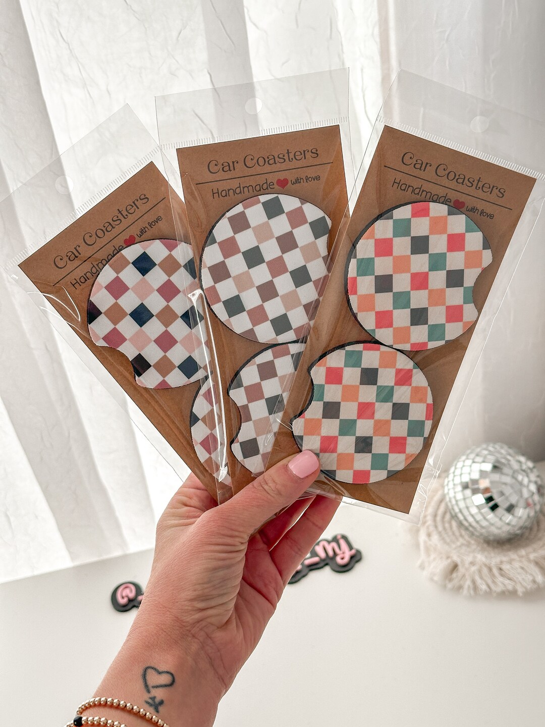 Checkered Car Coasters Set of 2 Accessories Neutral Print Boho ...