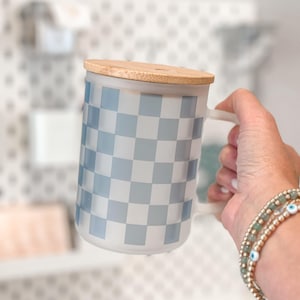 Checkered Glass Coffee Travel Mug Neutral Print Boho Checkered Cup ...