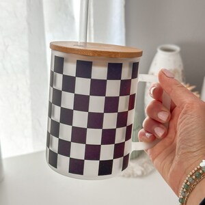Checkered Glass Coffee Travel Mug Neutral Print Boho Checkered Cup ...