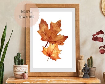 Watercolour Fall Print, Fall Printable Art, Copper Orange Fall Leaves ...