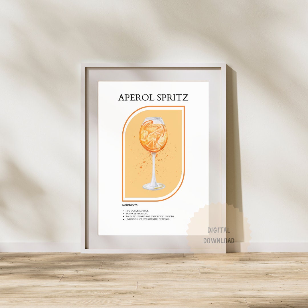 Aperol Spritz Cocktail Art Print, Bar Cart Decor Cocktail Poster ...
