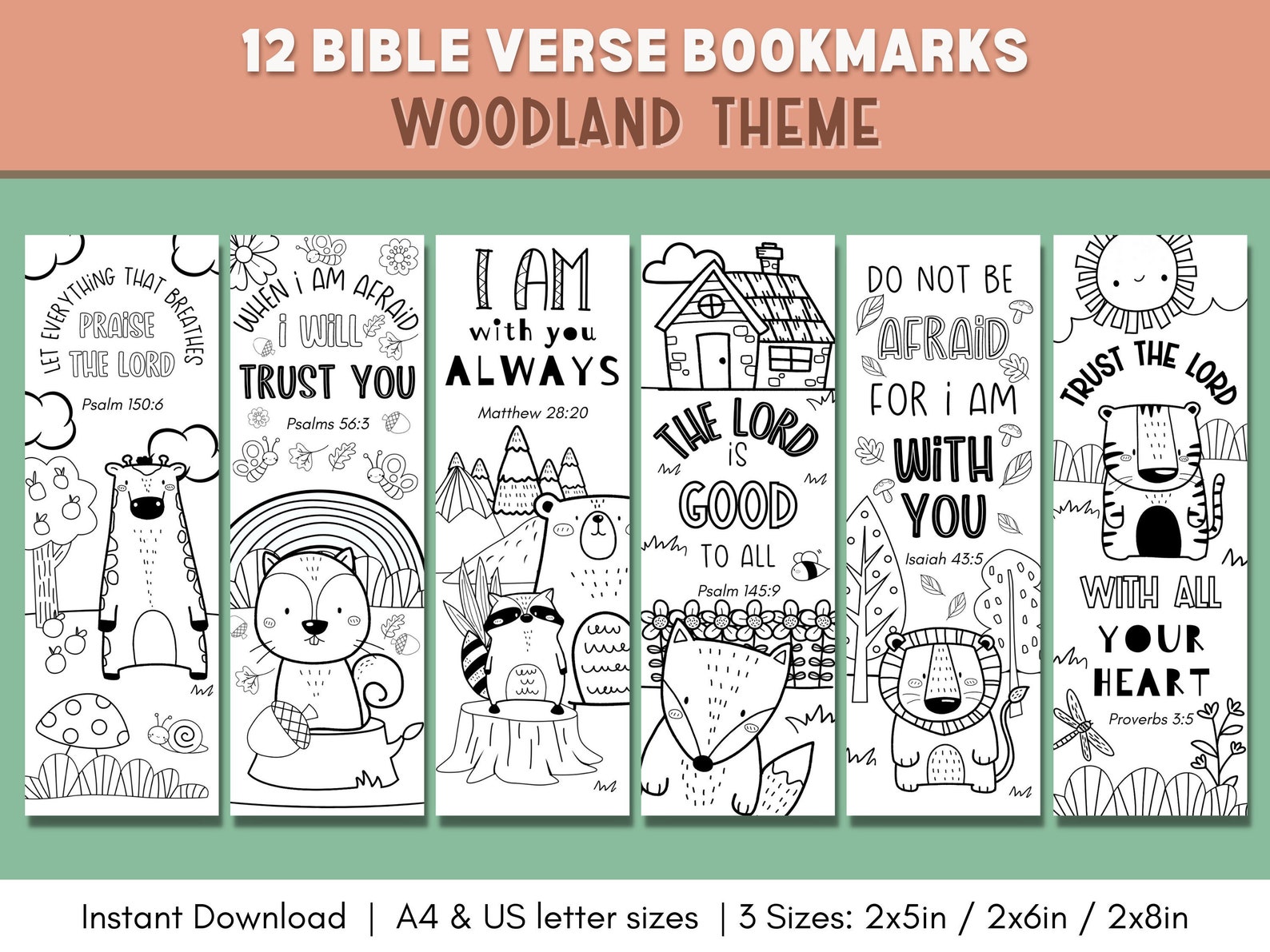 12 Coloring Bible Verse Bookmarks for Kids Printable Woodland Bookmarks ...