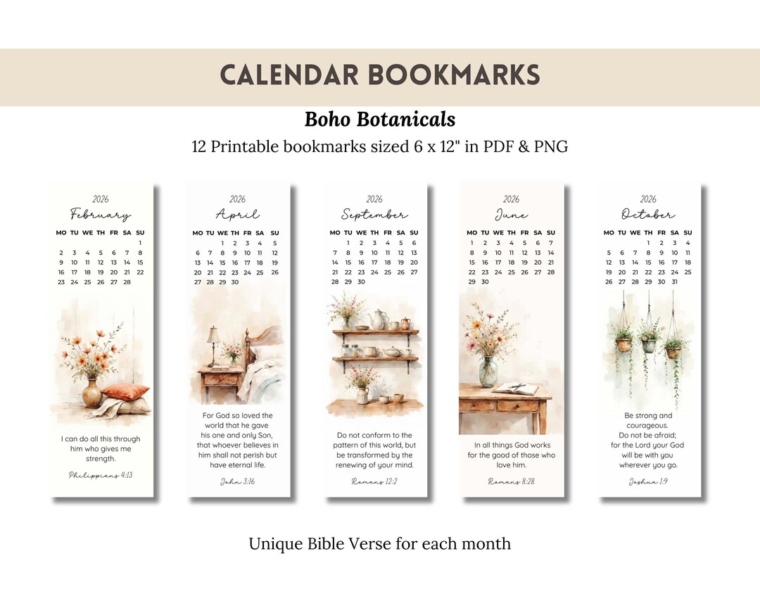 2026 Christian Calendar Bookmarks | Boho Botanicals Scripture Bookmark ...