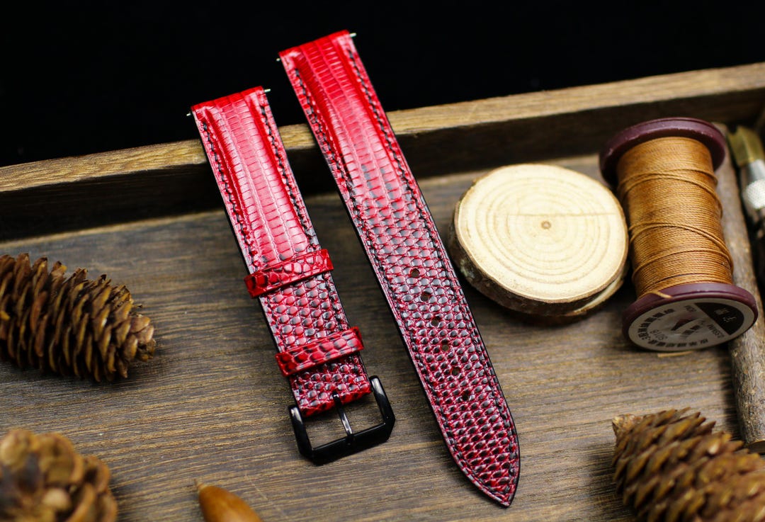 Red Black Lizard Leather Watch Strap 24mm 22mm 20mm Handmade Leather ...
