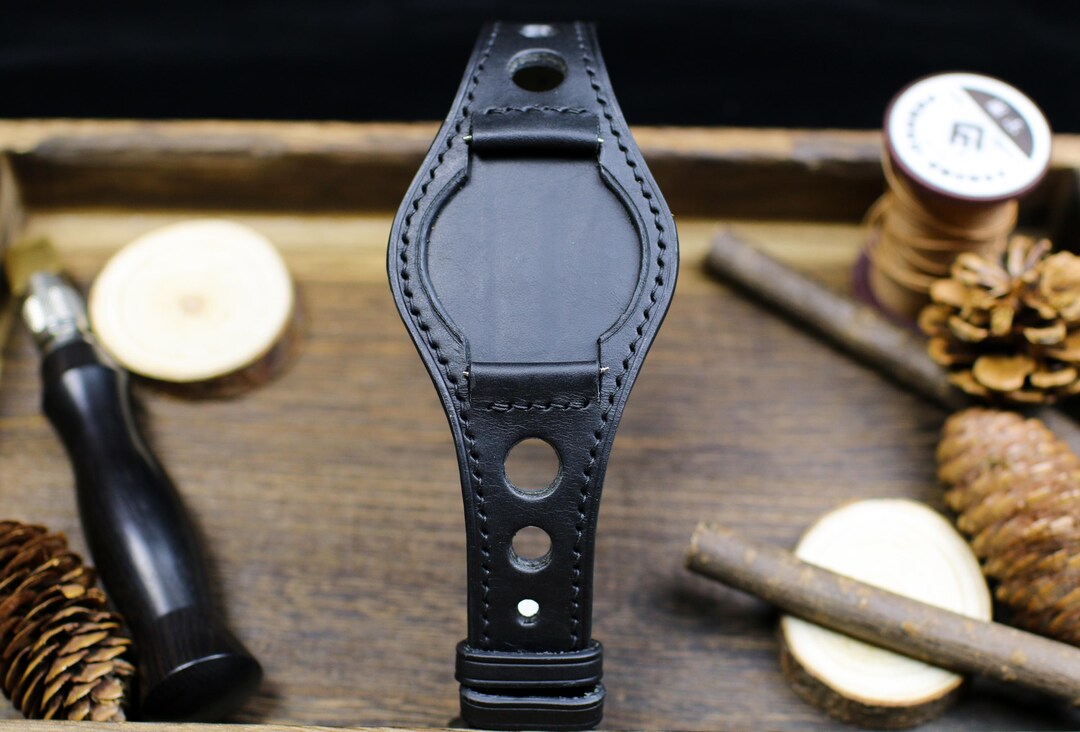 Black Leather Racing Bund Strap 20mm 22mm Bund Rally Holes Watch Band ...