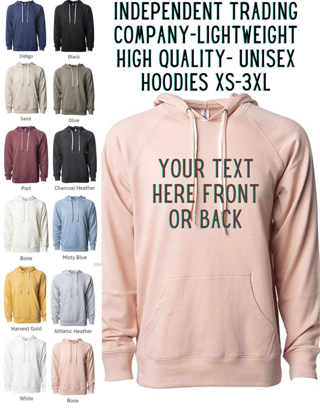 Custom Text Pullover Hoodie, Lightweight Terry, Slim Fit - Etsy