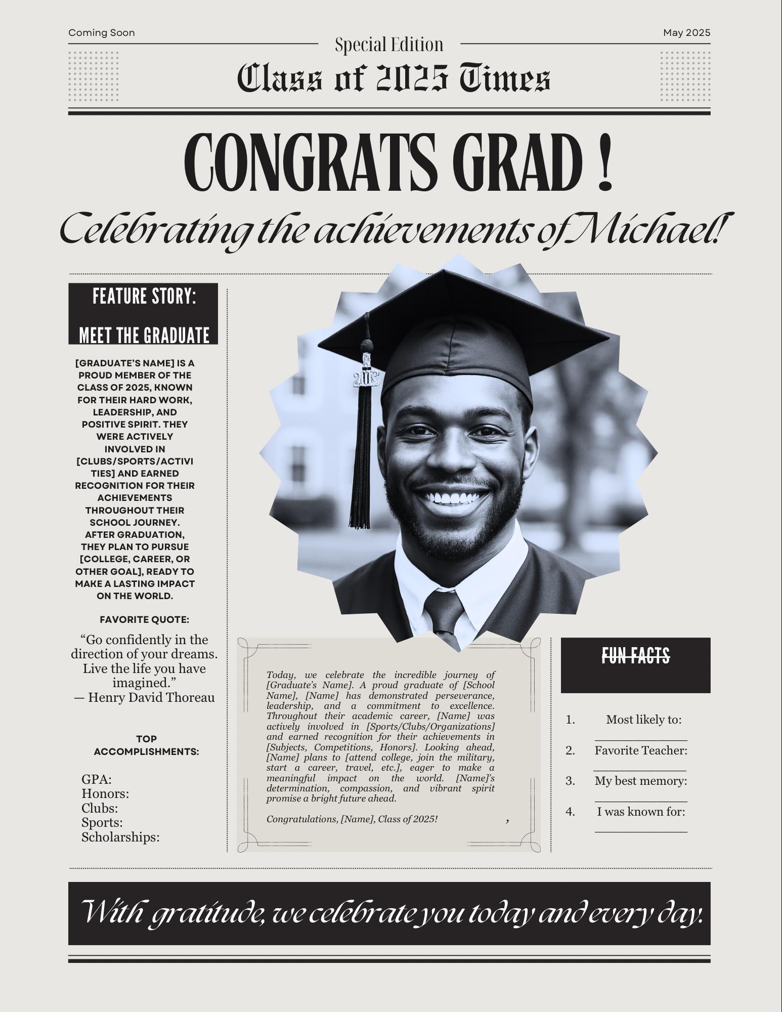Editable Graduation Newspaper Template | Printable Canva Gift for ...