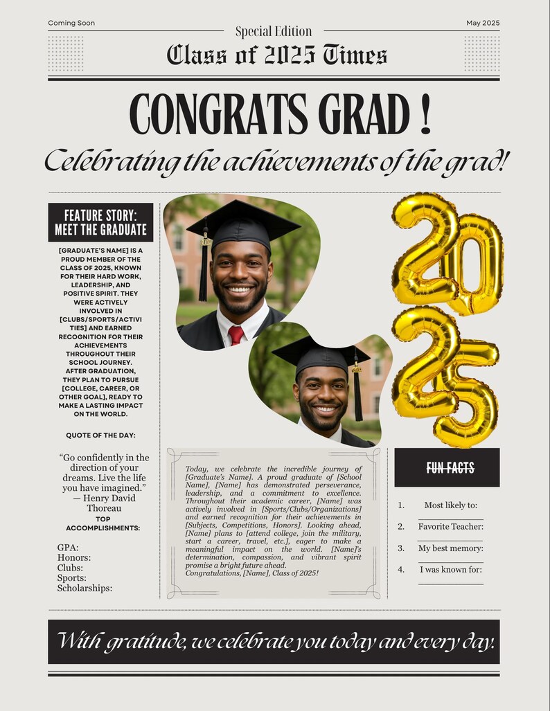 Editable Graduation Newspaper Template | Printable Canva Gift for ...