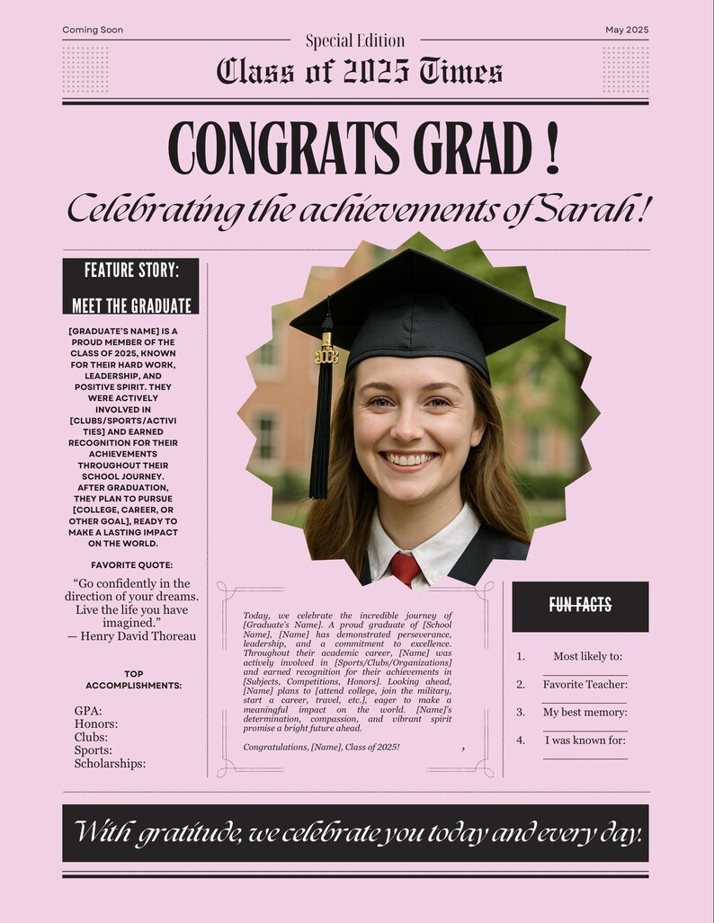 Editable Graduation Newspaper Template | Printable Canva Gift for ...