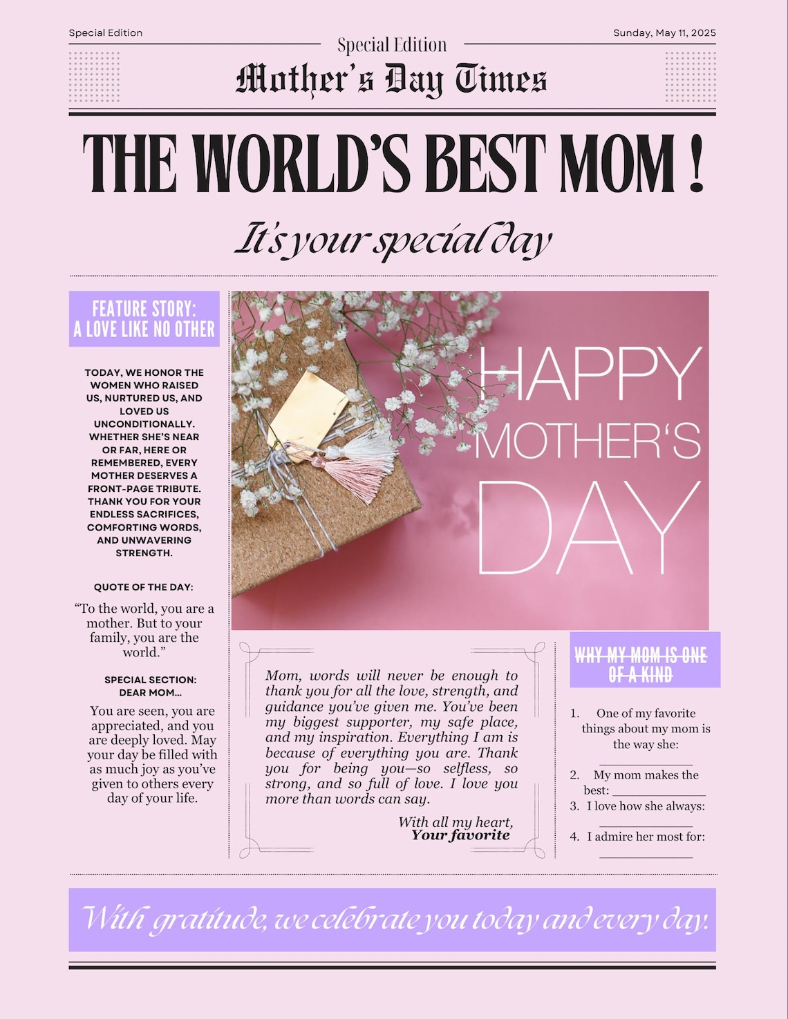 Editable Mother’s Day Newspaper Template | Printable Canva Gift for Mom ...