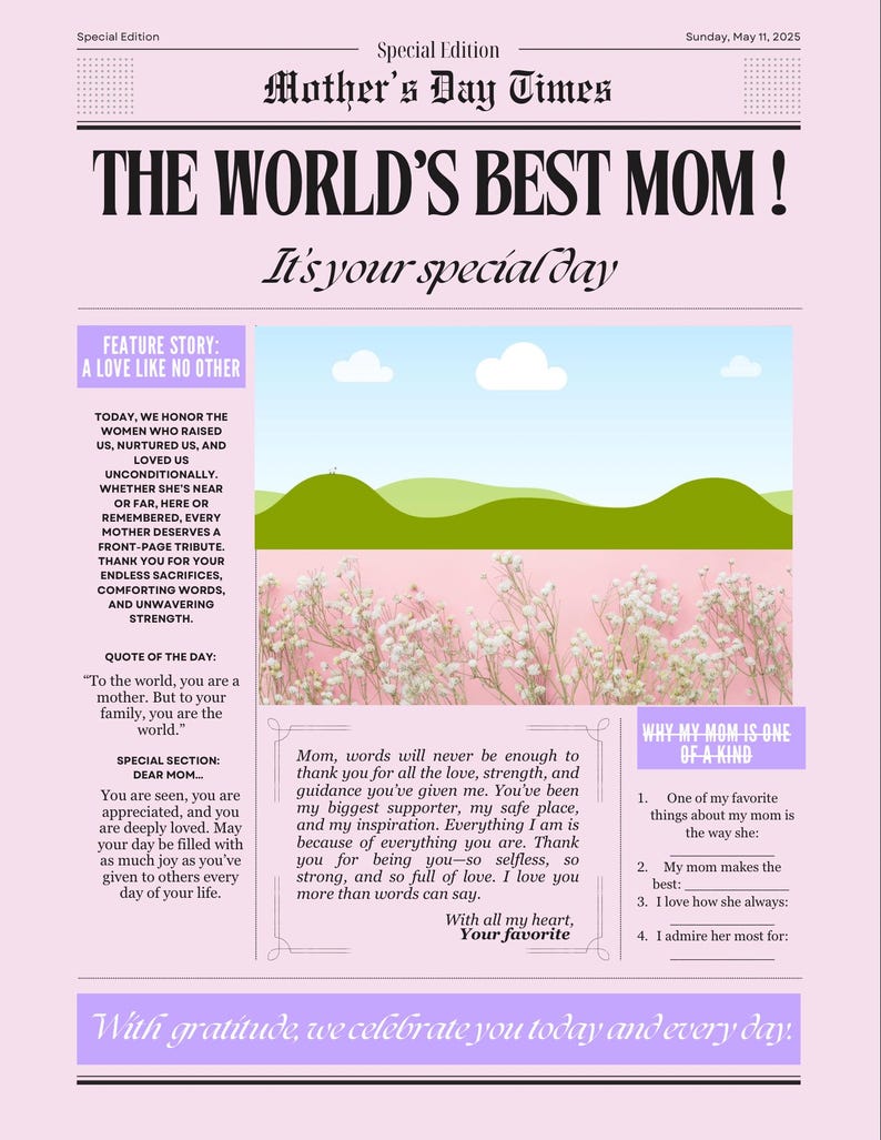 Editable Mother’s Day Newspaper Template | Printable Canva Gift for Mom ...