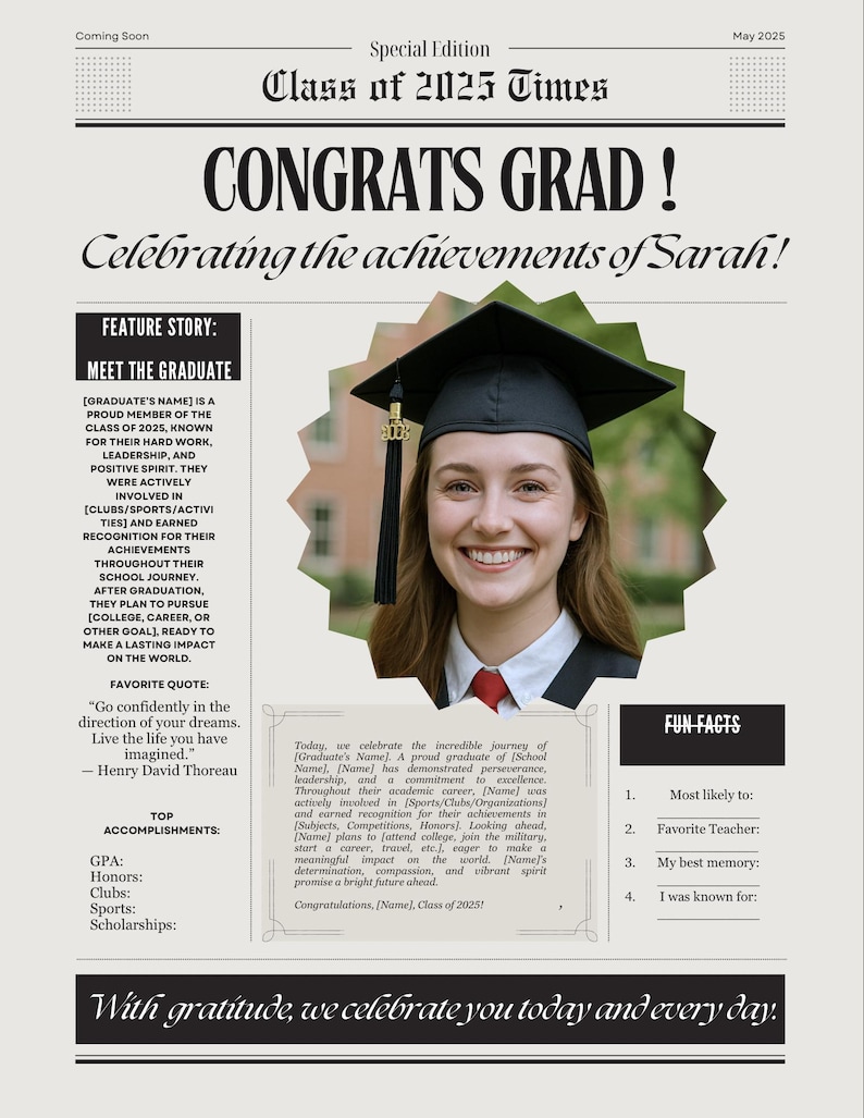 Editable Graduation Newspaper Template: Canva Gift (digital Download ...