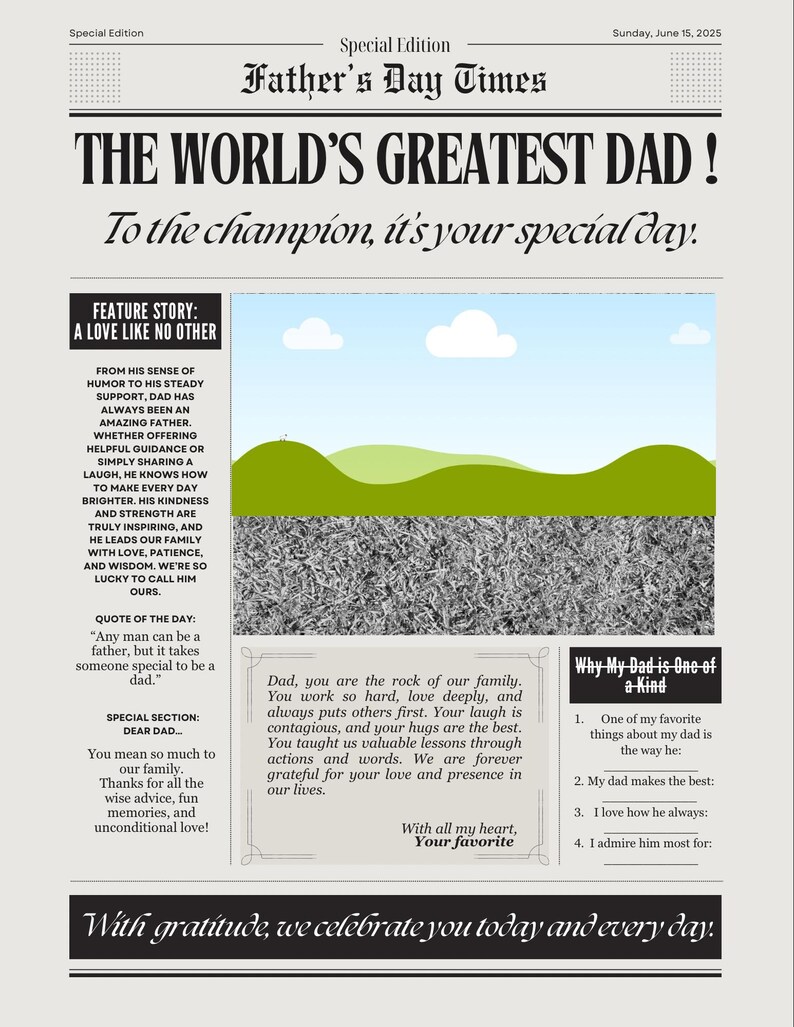 Editable Father's Day Newspaper Template: Canva Gift (digital Download ...