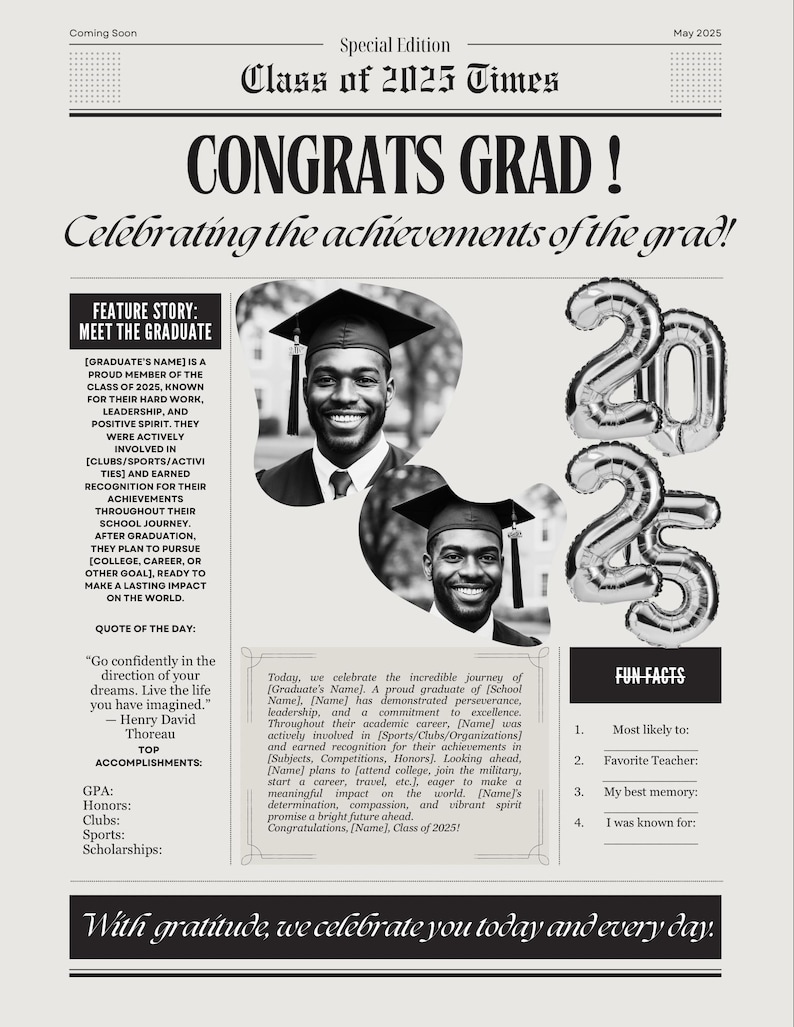 Editable Graduation Newspaper Template: Canva Gift (digital Download ...