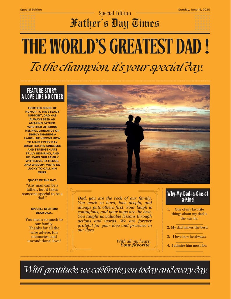 Editable Father's Day Newspaper Template: Canva Gift (digital Download ...