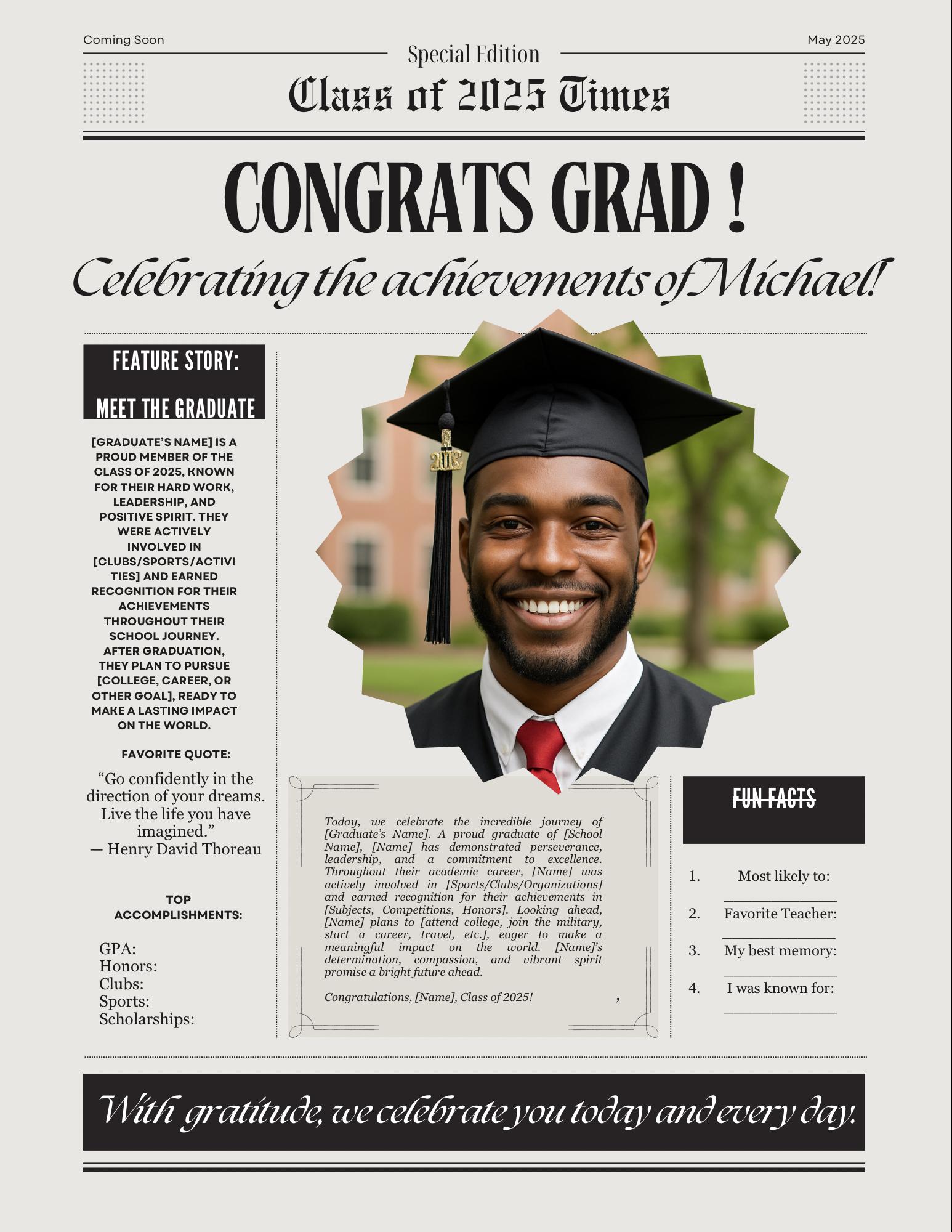 Editable Graduation Newspaper Template: Canva Gift (digital Download ...