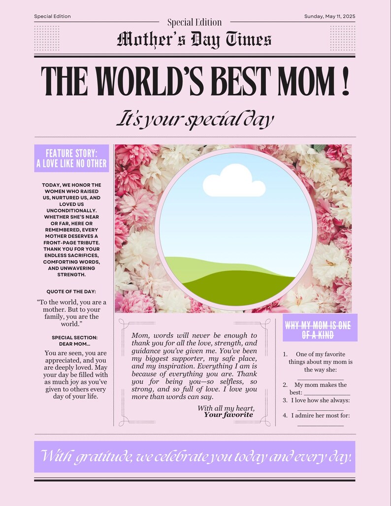 Editable Mother’s Day Newspaper Template | Printable Canva Gift for Mom ...