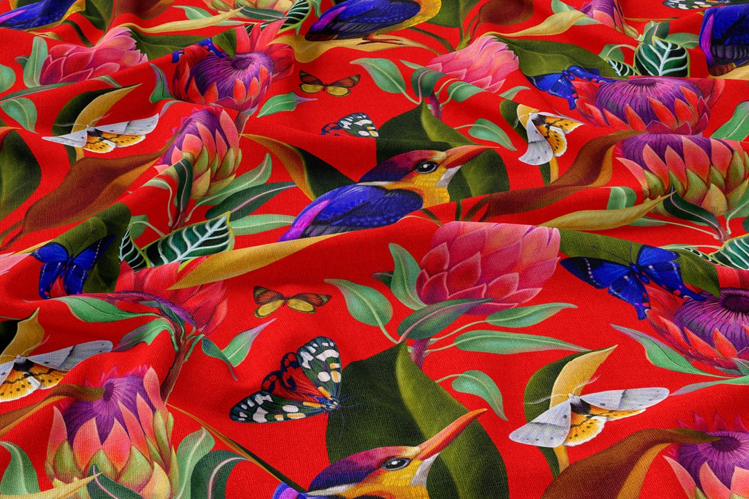 Exotic Birds, Flowers, Linen 100%, Eco-print, Printed Linen Fabric ...