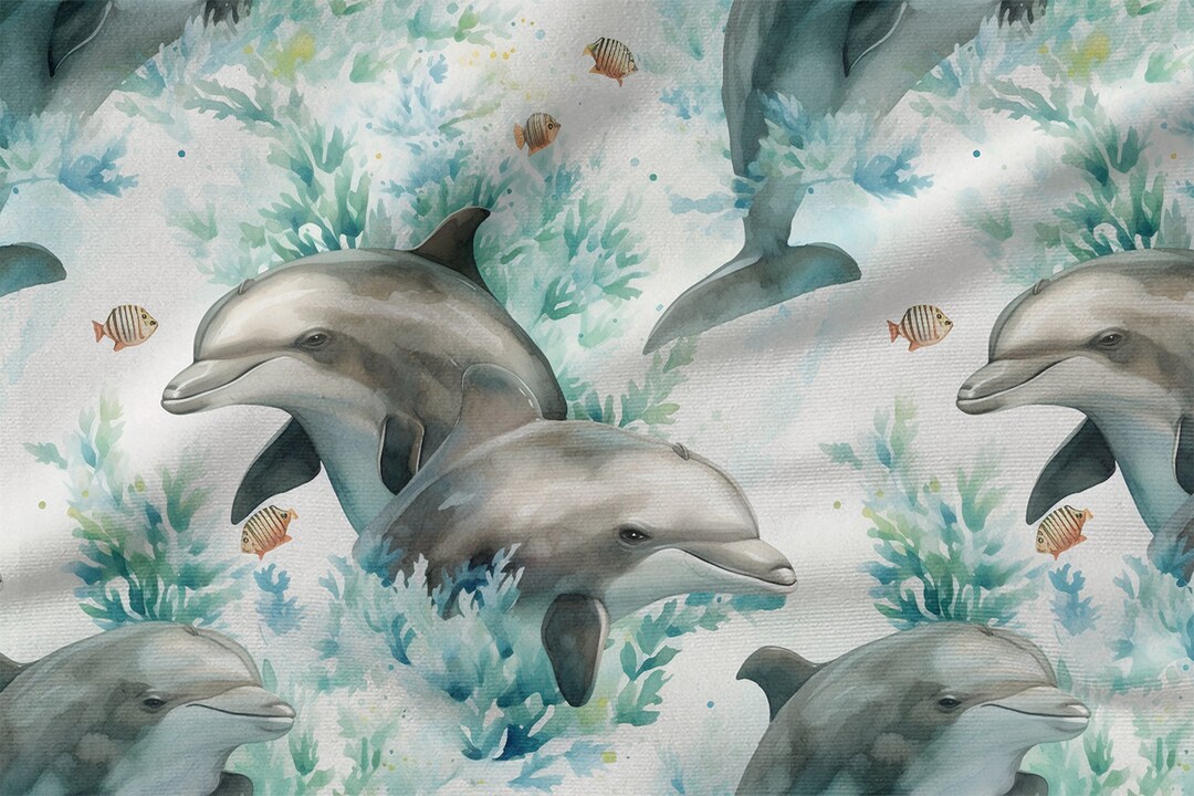 Watercolor Dolphins Cotton 100%, Eco-print, Printed Cotton Dolphins ...