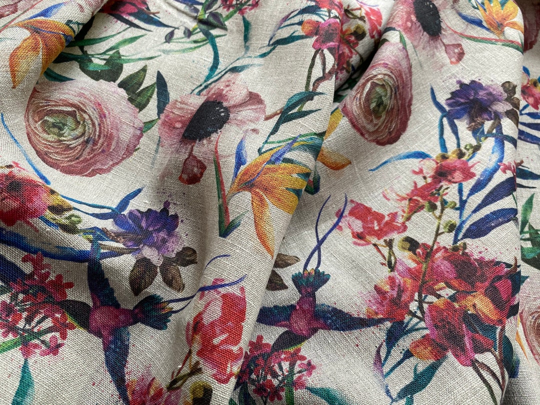 Linen Fabric Exotic Flowers, Beige in Melange, Softened Linen for ...