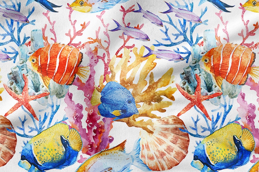 COLORFUL FISH Reef CORAL Ocean, Cotton 100%, Eco-print, Printed Cotton ...