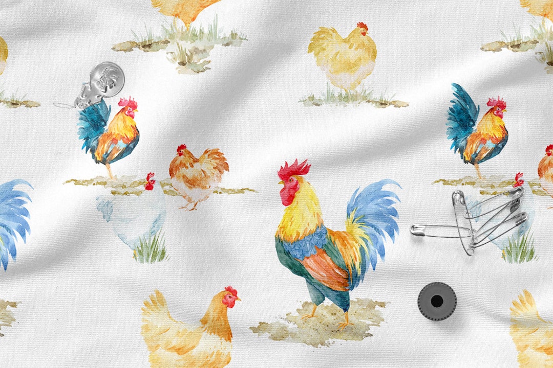 Roosters Chickens Cotton 100%, Eco-print, Printed Cotton Fabric, Width ...