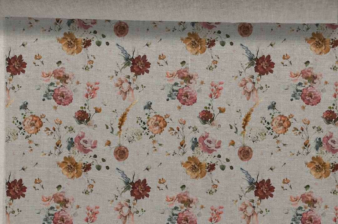 Linen Fabric Flowers, Floral Pattern, Beige in Melange, Softened Linen ...