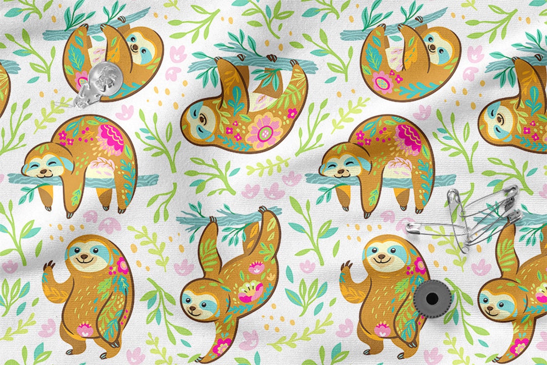 Colorful Sloths Cotton 100%, Eco-print, Printed Cotton Fabric, Cotton ...