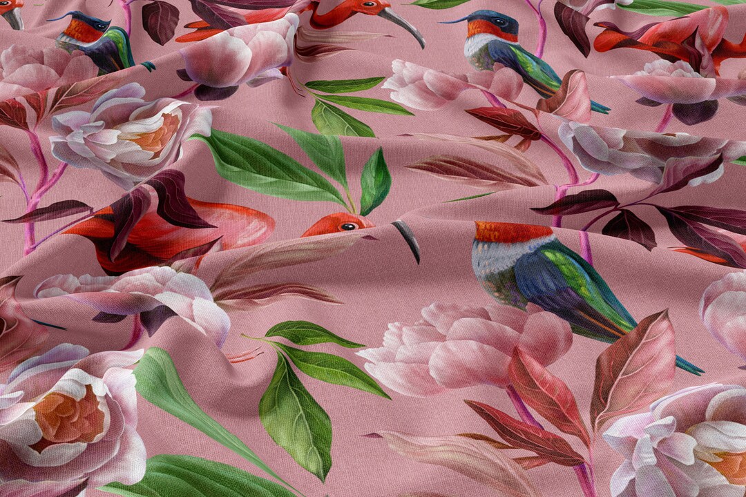 Exotic Birds, Flowers, Linen 100%, Eco-print, Printed Linen Fabric ...