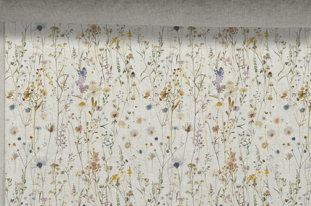 Linen Fabric, Floral Pattern, Wildflowers, Beige in Melange, Softened ...