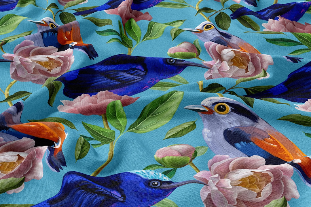 Exotic Birds, Flowers, Linen 100%, Eco-print, Printed Linen Fabric ...