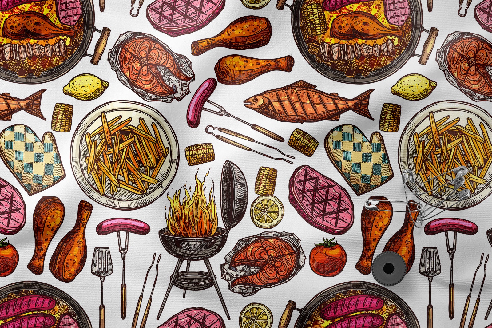 Barbeque Cotton Fabric 100%, Eco-print, Grill Cotton Fabric, Food ...