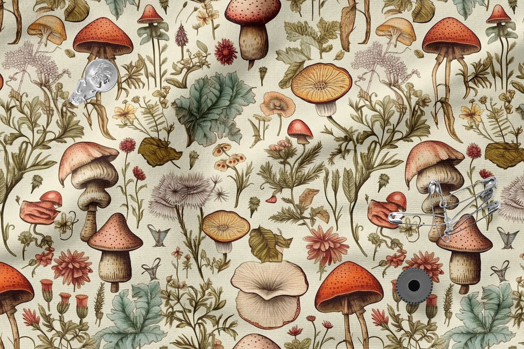 Mushroom Forest Cotton 100%, Eco-print, Printed Cotton Mushrooms Fabric ...