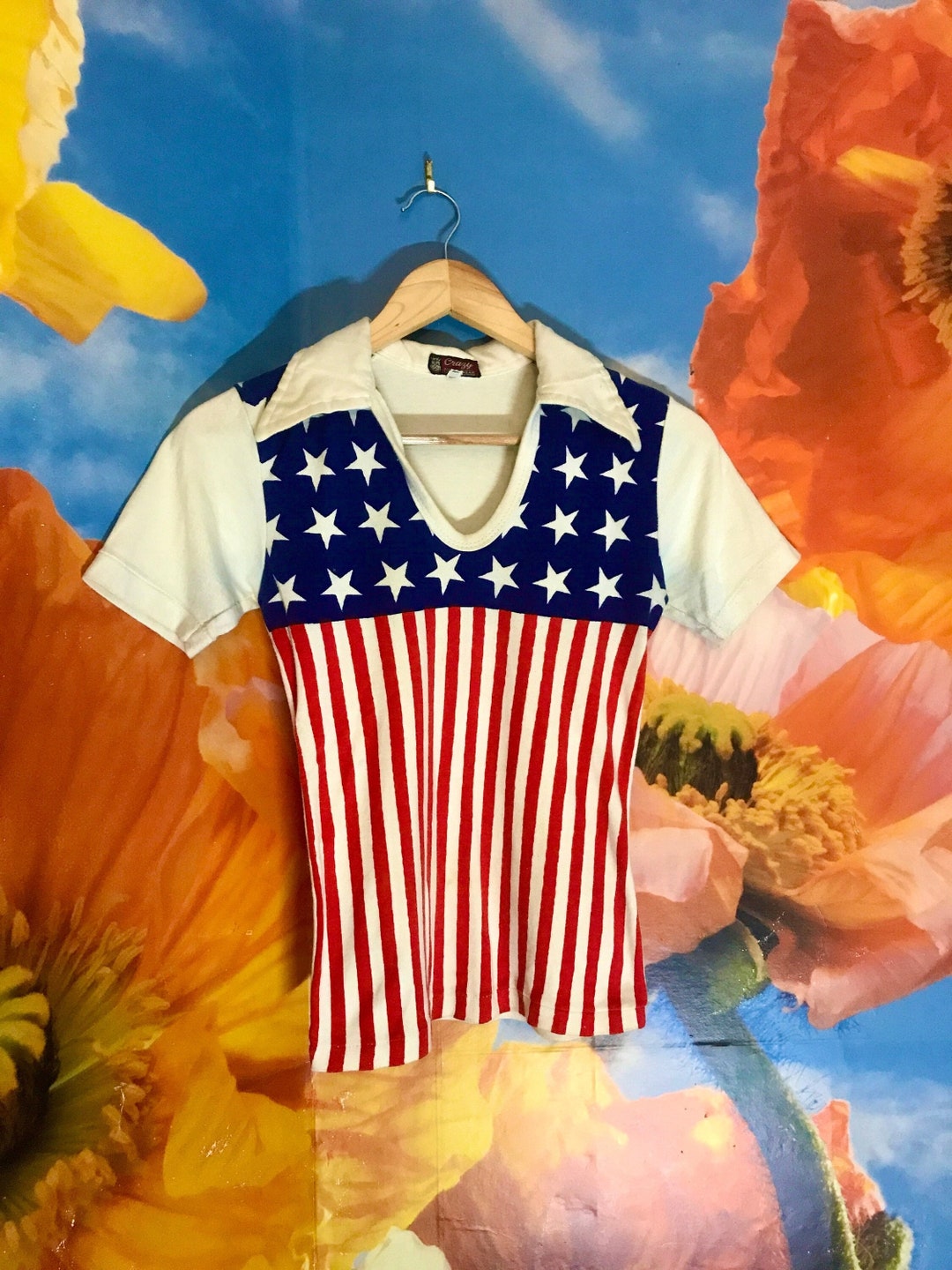RARE 1970s AMERICAN Flag Dagger Collar Shirt Slim Fit Polo T-shirt - Etsy