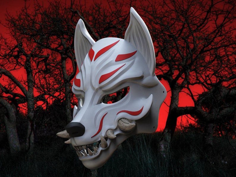 3D Printable Kitsune Fox Mask With Fangs - Japanese Anime Cosplay Prop ...