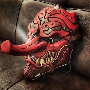 Hand Painted Cyber Tengu Mask: Red Samurai Oni Kabuto, Cosplay - Etsy
