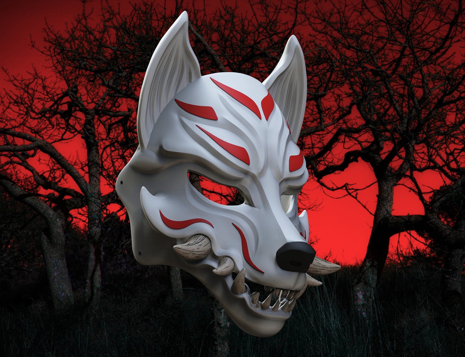 Kitsune Mask With Fangs Anime Mask Model for 3D Print - Etsy