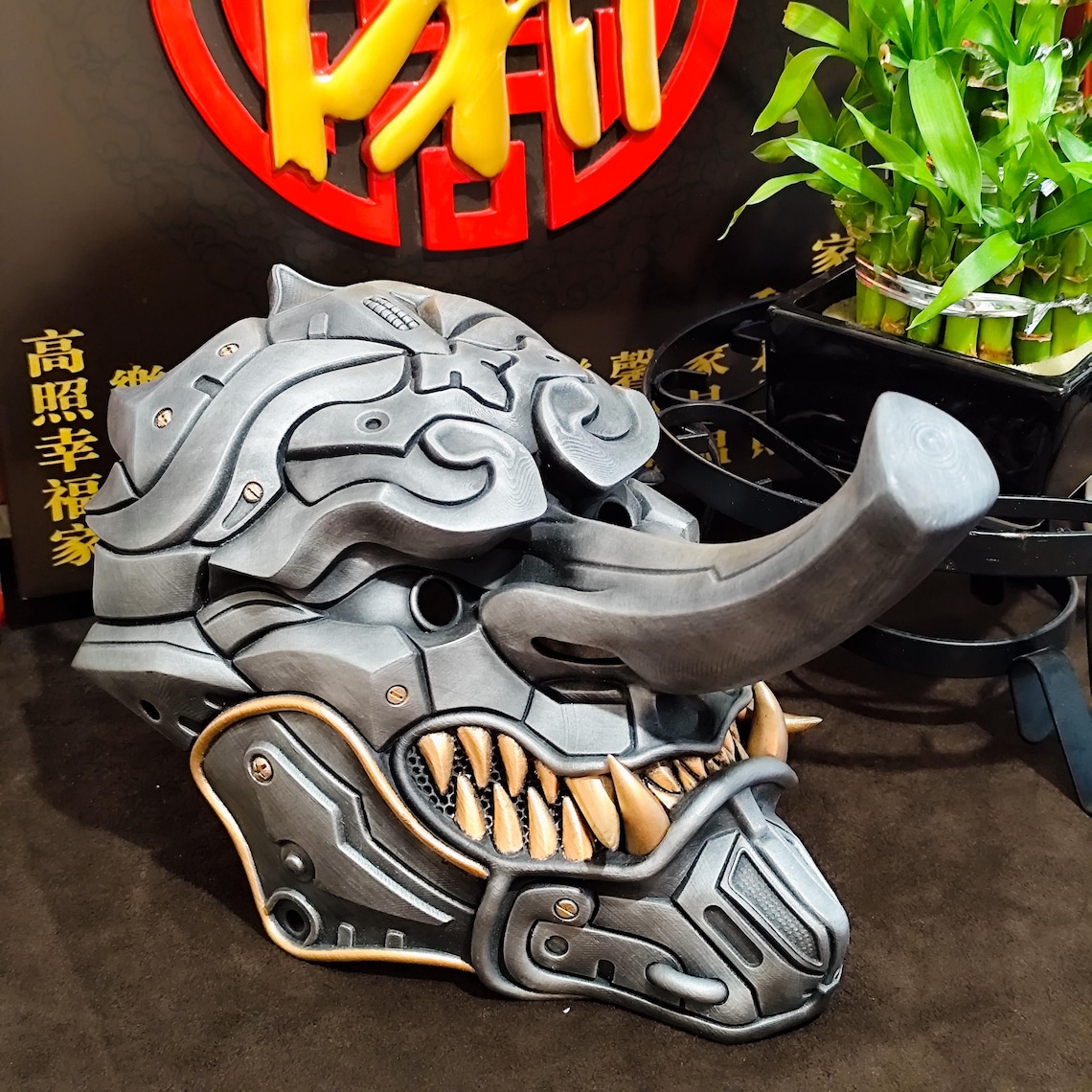 Japanese Tengu Cyber Mask: Red Hooded Samurai Oni Cosplay Accessory for ...