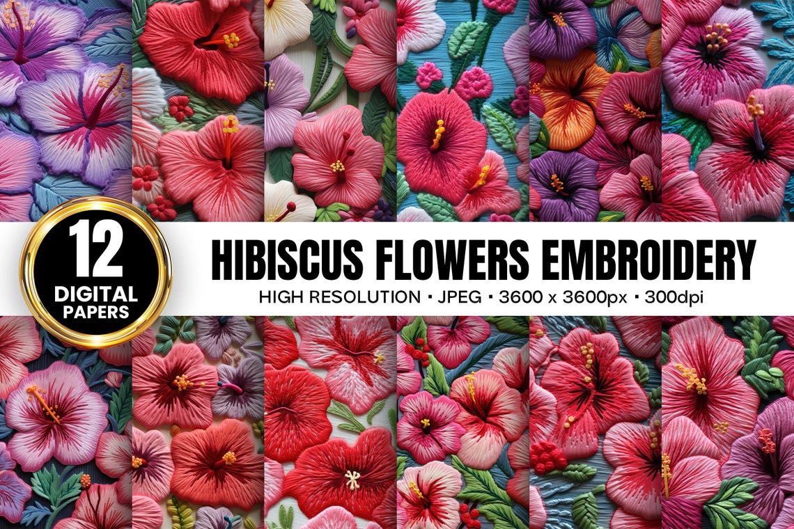 Summer Hibiscus Flowers Embroidery | Tropical Floral Stitched Pattern ...