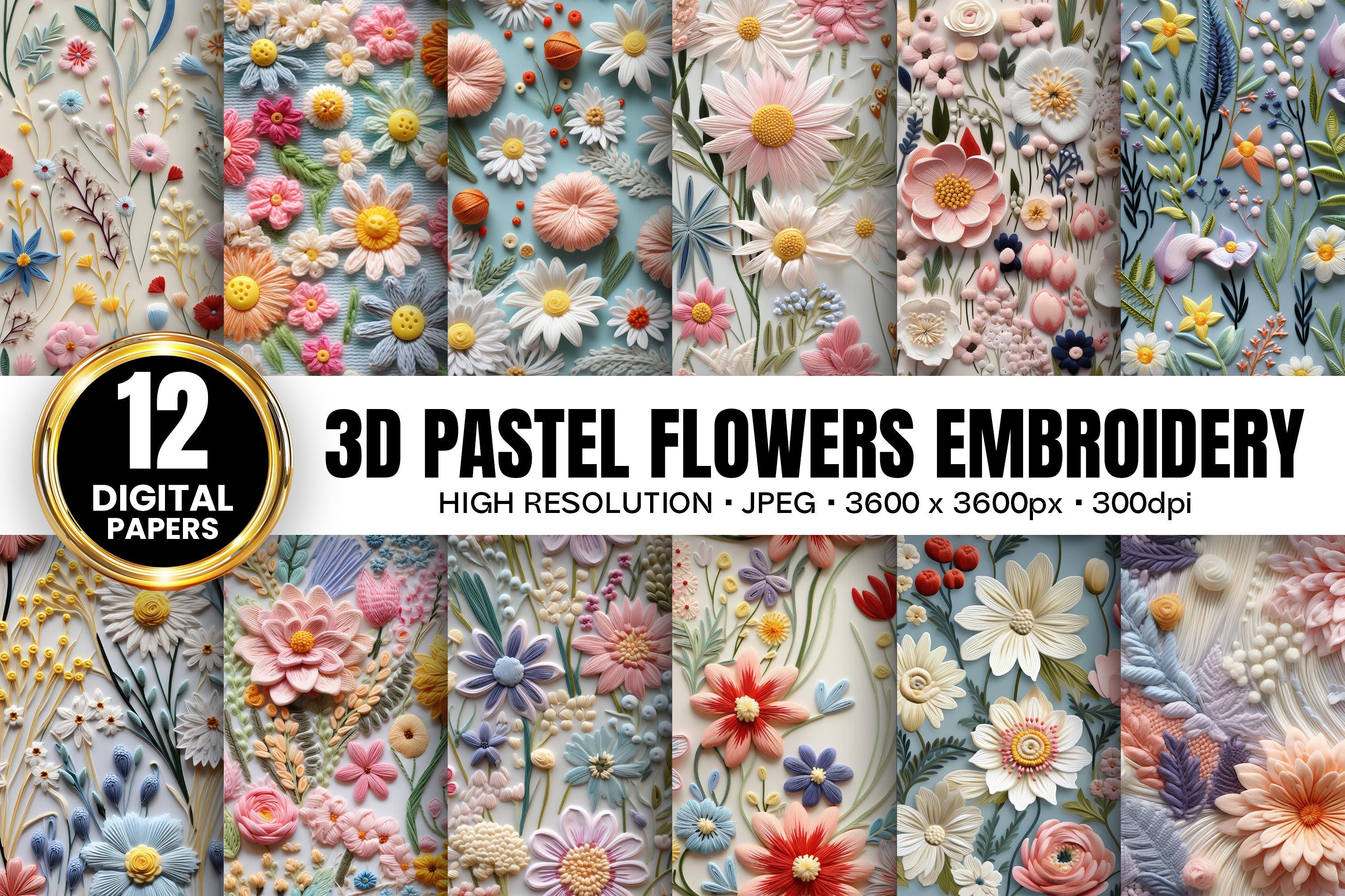 3D Pastel Flowers Embroidery Pattern | Scrapbook Paper (digital ...