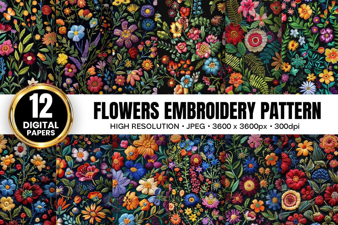 Colorful Embroidered Flowers Digital Paper, Seamless Bright Floral ...