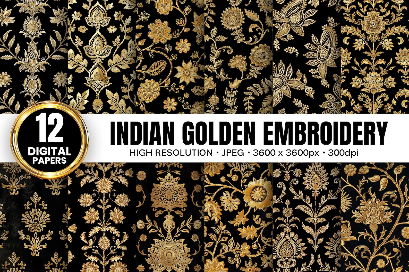 Black and Gold Indian Embroidery Pattern | Royal Zari Stitch (digital ...