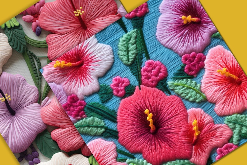 Summer Hibiscus Flowers Embroidery | Tropical Floral Stitched Pattern ...
