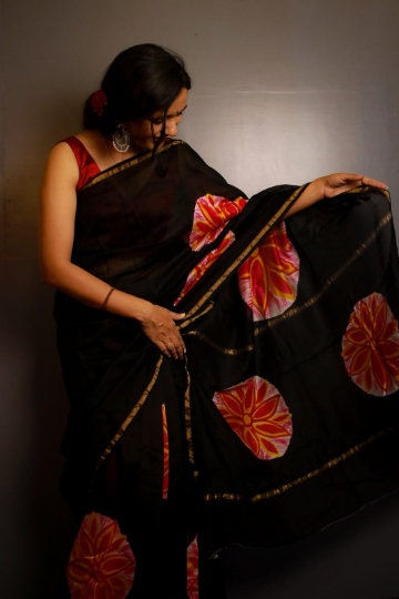 Authentic Pure Black Chanderi Cotton Silk Saree, Cotton Silk, Indian ...