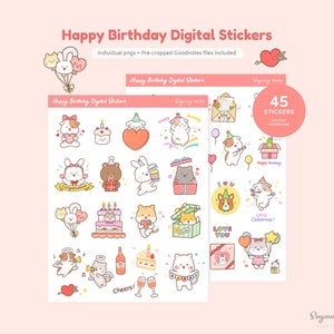 Happy Birthday Stickers for Digital Planner, Cute Animal Character, Pre ...