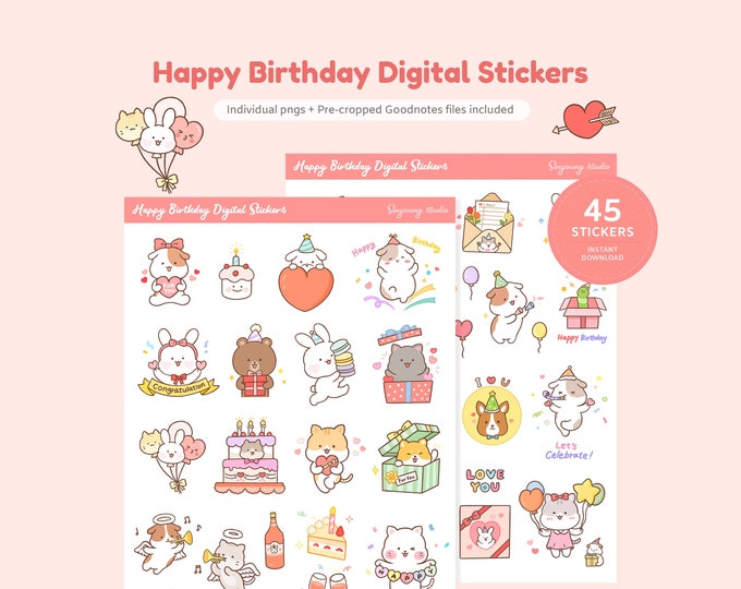 Happy Birthday Stickers for Digital Planner, Cute Animal Character, Pre ...