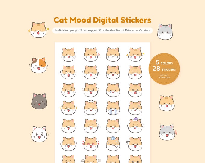 Cute Cat Mood Digital Stickers | Cat Face Emoticon Goodnotes Stickers ...