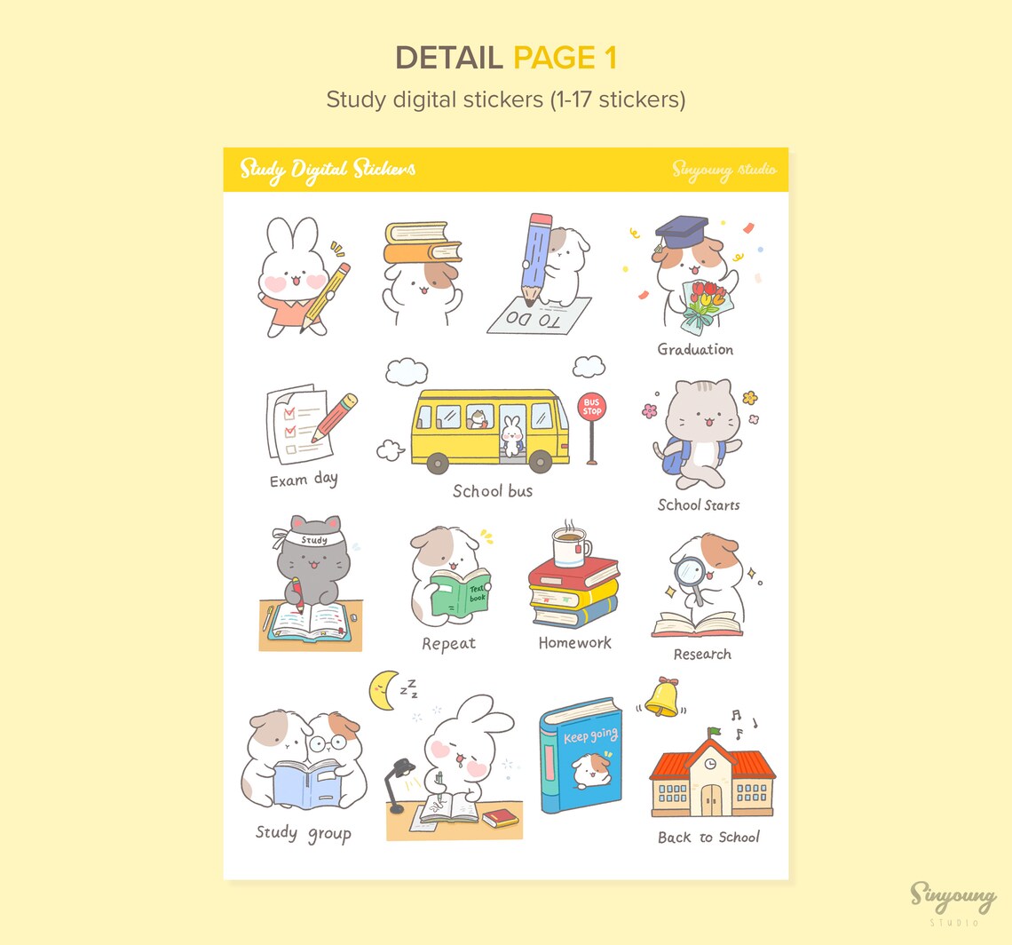 Cute Study Digital Stickers for Goodnotes Planner | Hand Drawn Student ...